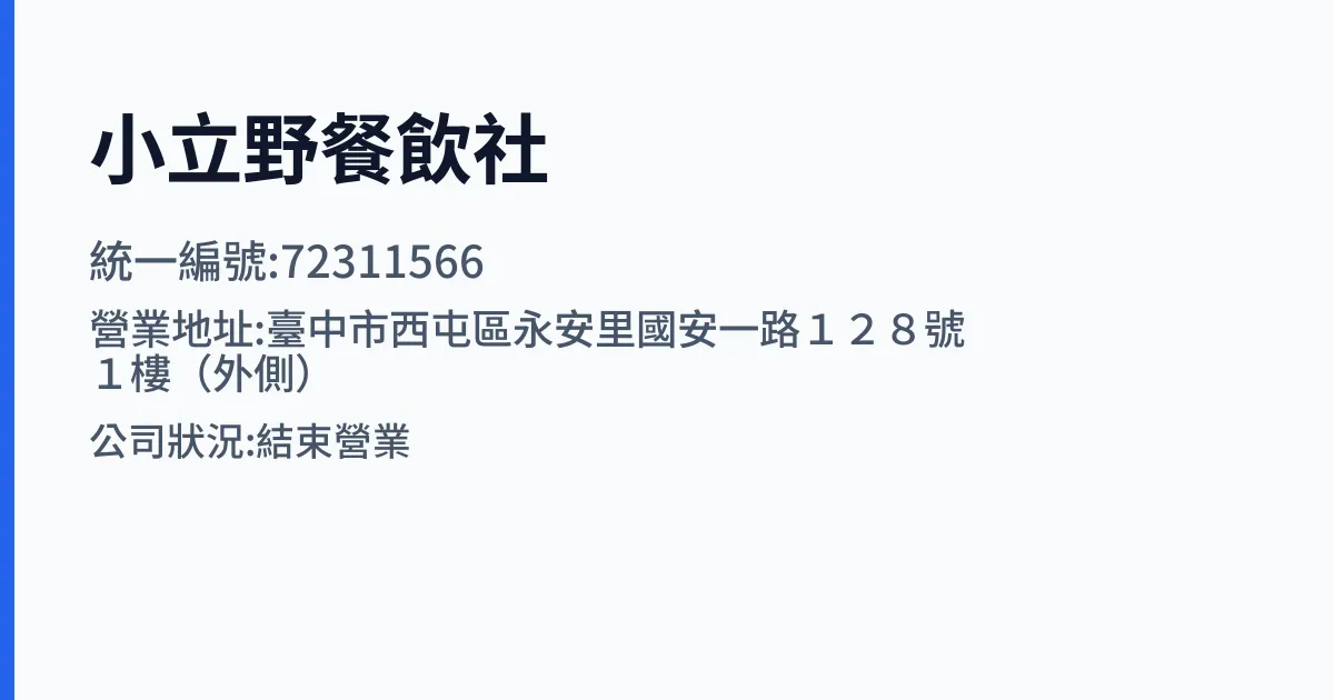 小立野餐飲社 - 統編 72311566(臺中市) 公司登記資料與營業項目詳細圖表