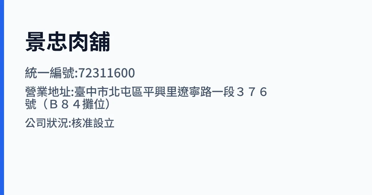 景忠肉舖 - 統編 72311600(臺中市) 公司登記資料與營業項目詳細圖表