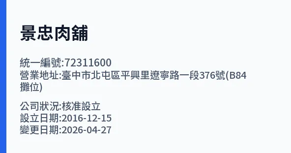 景忠肉舖的照片-統編 72311600(臺中市) 公司登記資料與營業項目詳細圖表