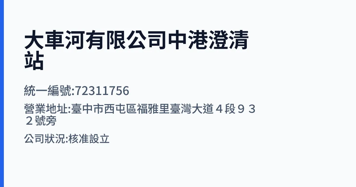 大車河有限公司中港澄清站 - 統編 72311756(臺中市) 公司登記資料與營業項目詳細圖表