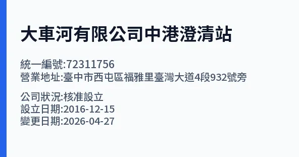 大車河有限公司中港澄清站的照片-統編 72311756(臺中市) 公司登記資料與營業項目詳細圖表