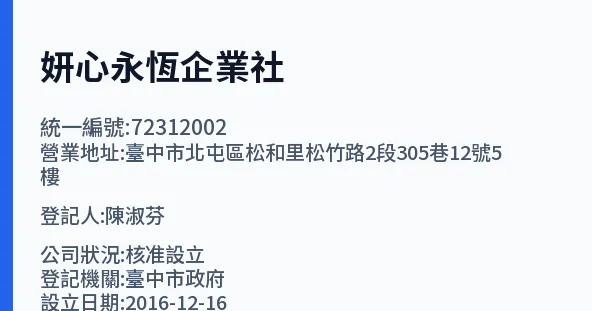 妍心永恆企業社的照片-統編 72312002(臺中市) 公司登記資料與營業項目詳細圖表
