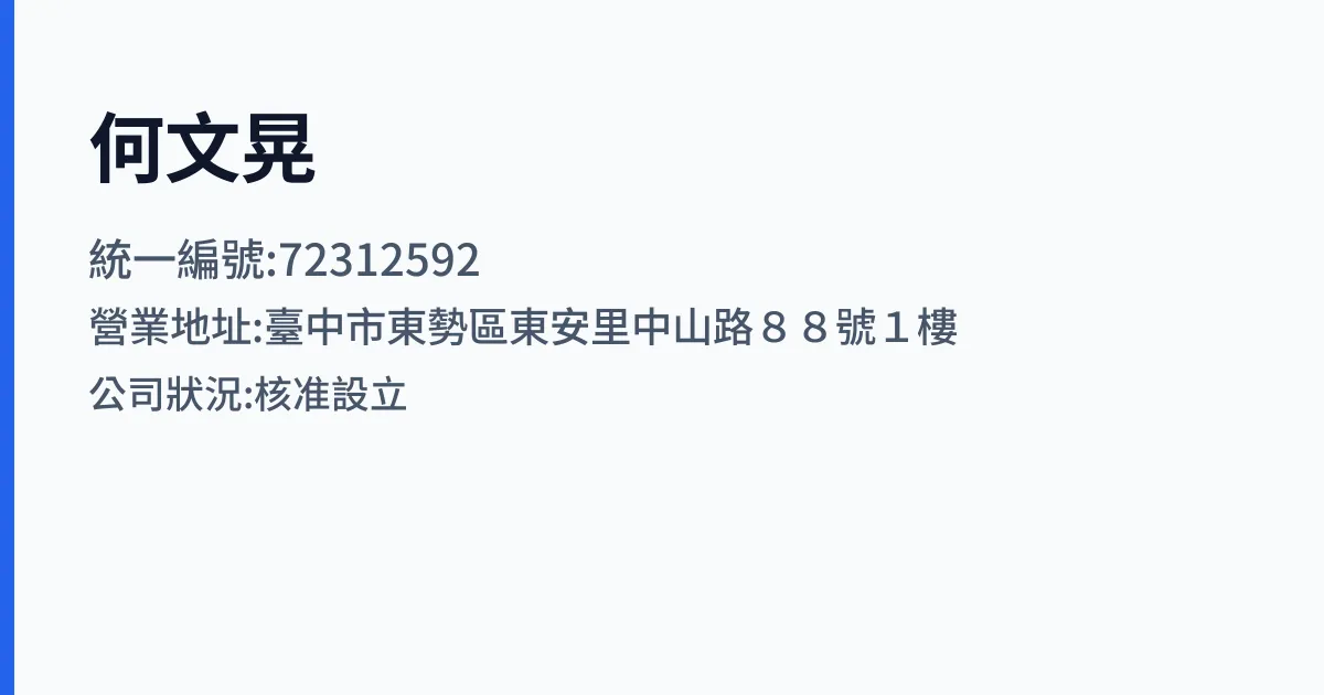 何文晃 - 統編 72312592(臺中市) 公司登記資料與營業項目詳細圖表