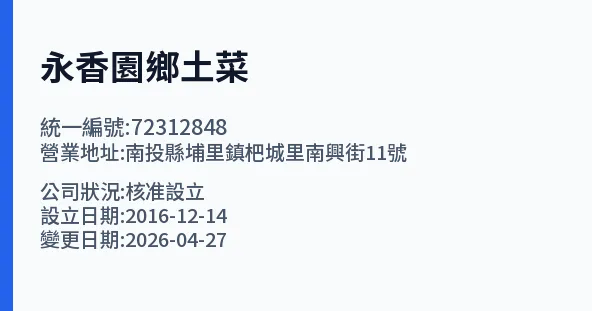 永香園鄉土菜的照片-統編 72312848(南投縣) 公司登記資料與營業項目詳細圖表