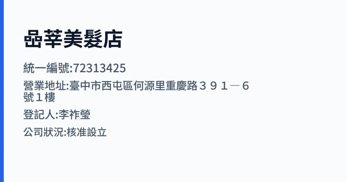 喦莘美髮店 - 統編 72313425(臺中市) 公司登記資料與營業項目詳細圖表