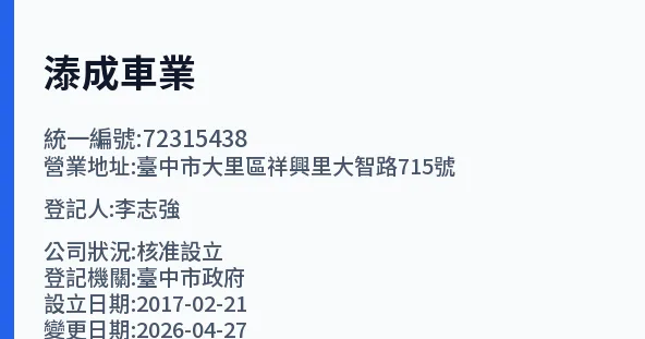 溙成車業的照片-統編 72315438(臺中市) 公司登記資料與營業項目詳細圖表