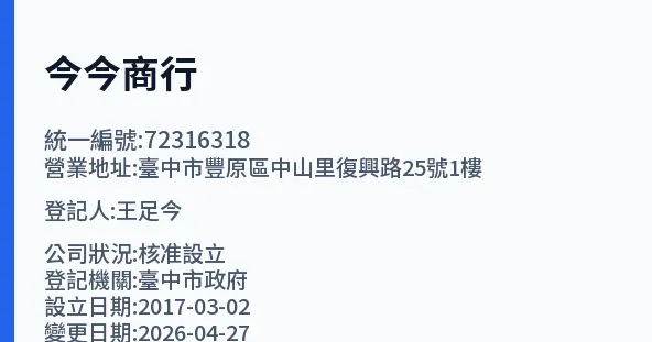 今今商行的照片-統編 72316318(臺中市) 公司登記資料與營業項目詳細圖表