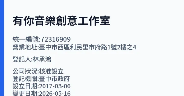 有你音樂創意工作室的照片-統編 72316909(臺中市) 公司登記資料與營業項目詳細圖表