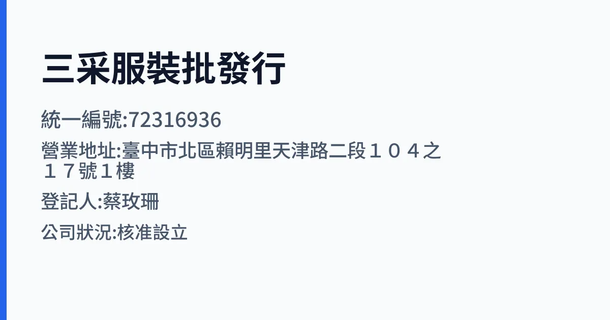 三采服裝批發行 - 統編 72316936(臺中市) 公司登記資料與營業項目詳細圖表
