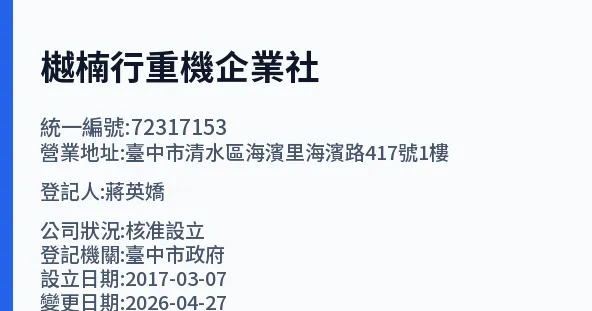 樾楠行重機企業社的照片-統編 72317153(臺中市) 公司登記資料與營業項目詳細圖表