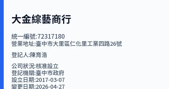 大金綜藝商行的照片-統編 72317180(臺中市) 公司登記資料與營業項目詳細圖表