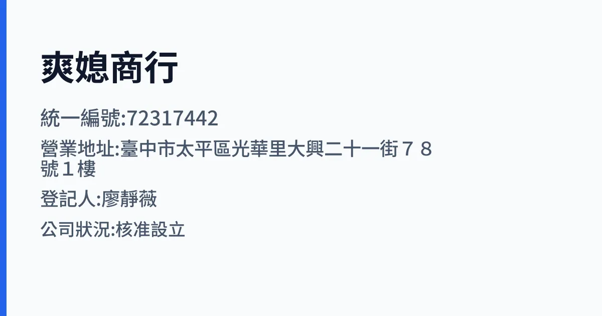 爽媳商行 - 統編 72317442(臺中市) 公司登記資料與營業項目詳細圖表