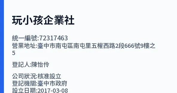 玩小孩企業社的照片-統編 72317463(臺中市) 公司登記資料與營業項目詳細圖表