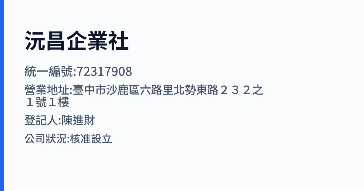 沅昌企業社 - 統編 72317908(臺中市) 公司登記資料與營業項目詳細圖表