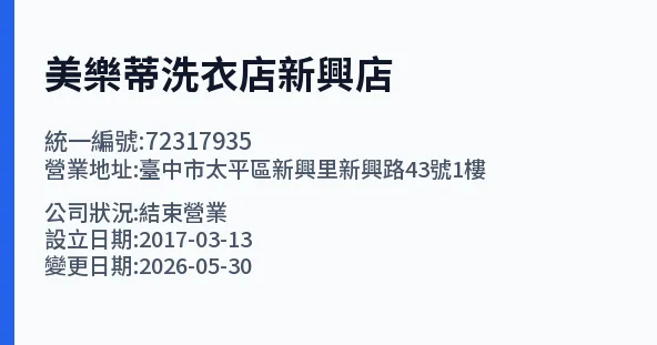 美樂蒂洗衣店新興店的照片-統編 72317935(臺中市) 公司登記資料與營業項目詳細圖表