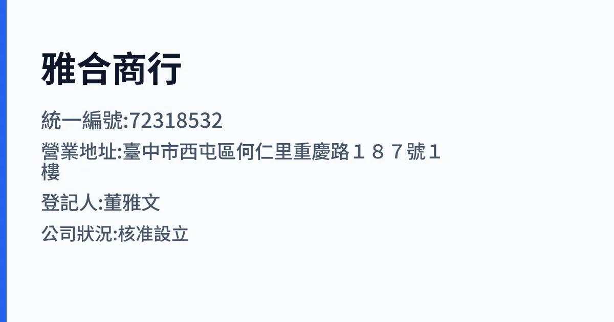 雅合商行 - 統編 72318532(臺中市) 公司登記資料與營業項目詳細圖表