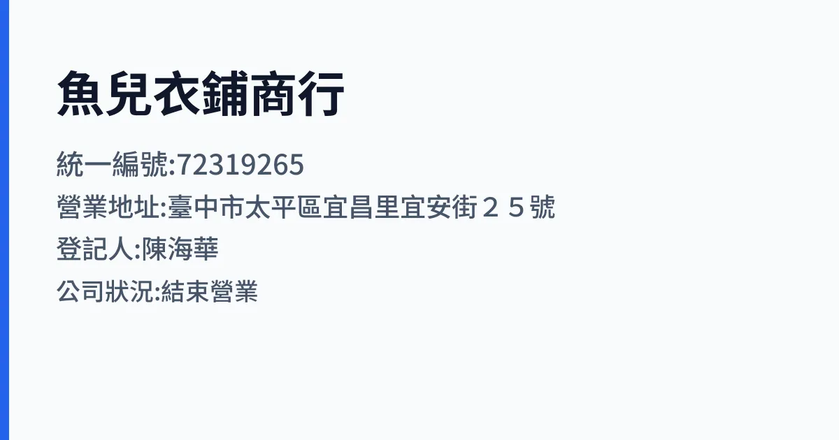 魚兒衣鋪商行 - 統編 72319265(臺中市) 公司登記資料與營業項目詳細圖表