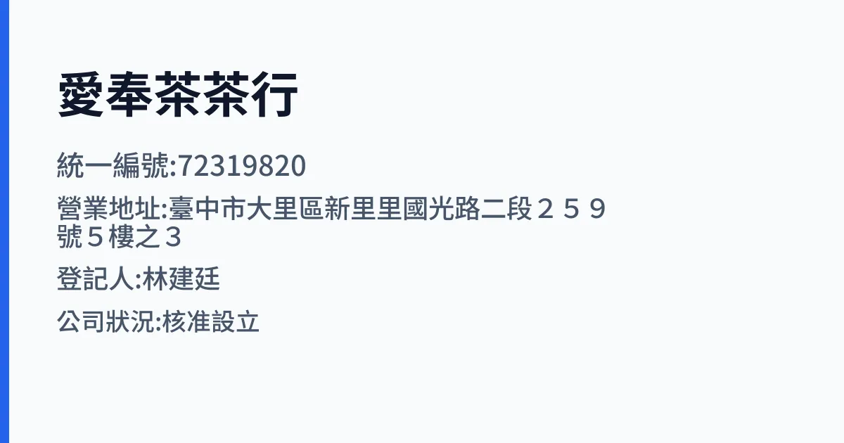 愛奉茶茶行 - 統編 72319820(臺中市) 公司登記資料與營業項目詳細圖表