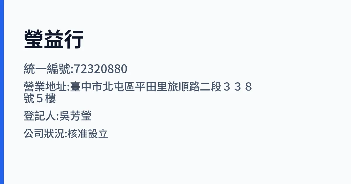 瑩益行 - 統編 72320880(臺中市) 公司登記資料與營業項目詳細圖表