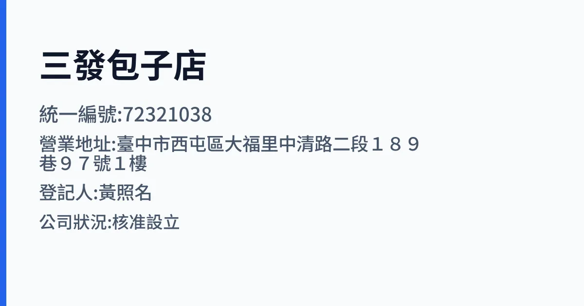 三發包子店 - 統編 72321038(臺中市) 公司登記資料與營業項目詳細圖表