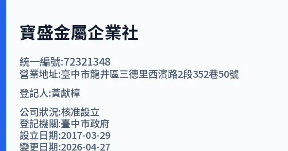 寶盛金屬企業社的照片-統編 72321348(臺中市) 公司登記資料與營業項目詳細圖表
