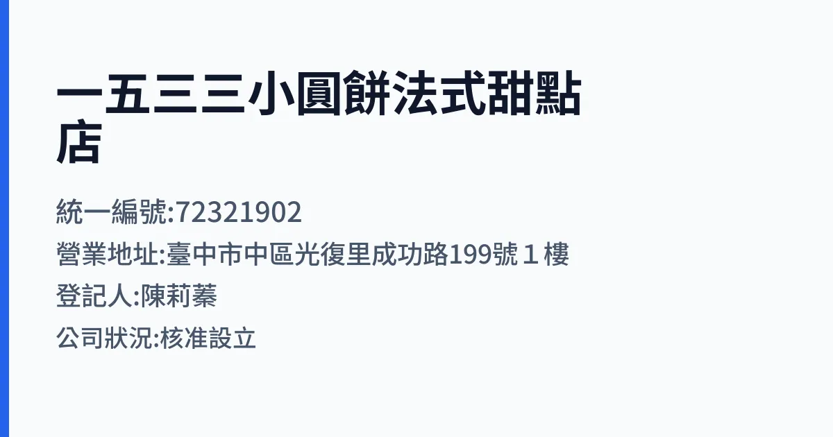 一五三三小圓餅法式甜點店 - 統編 72321902(臺中市) 公司登記資料與營業項目詳細圖表