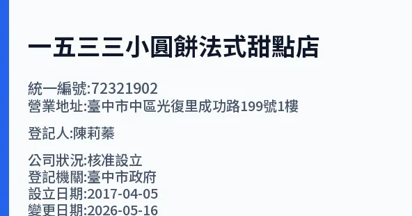 一五三三小圓餅法式甜點店的照片-統編 72321902(臺中市) 公司登記資料與營業項目詳細圖表
