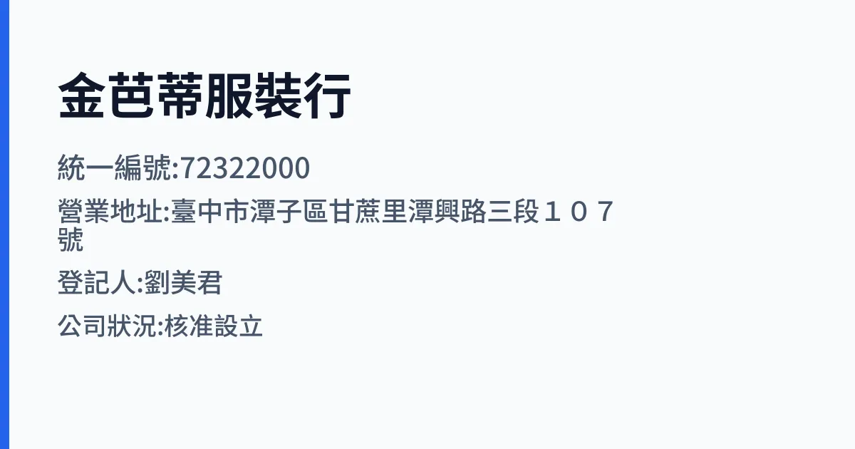 金芭蒂服裝行 - 統編 72322000(臺中市) 公司登記資料與營業項目詳細圖表