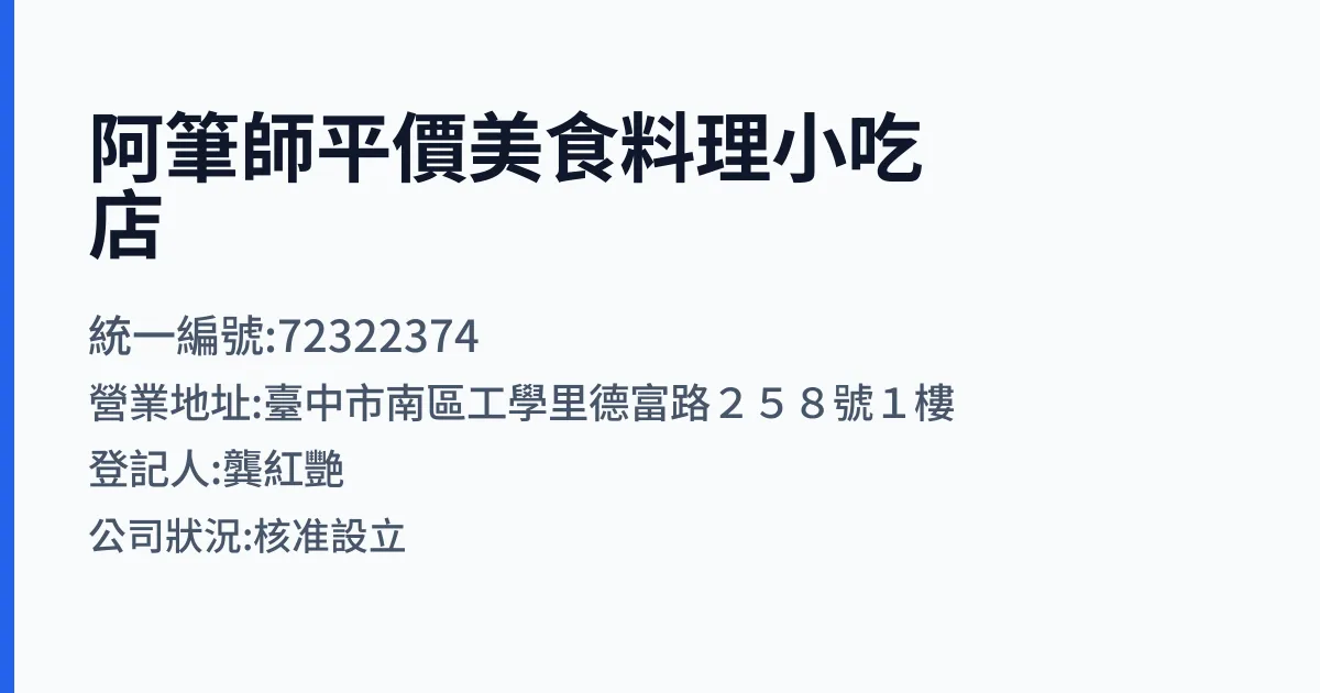 阿筆師平價美食料理小吃店 - 統編 72322374(臺中市) 公司登記資料與營業項目詳細圖表