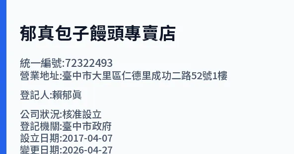 郁真包子饅頭專賣店的照片-統編 72322493(臺中市) 公司登記資料與營業項目詳細圖表