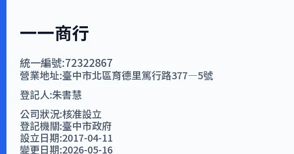 一一商行的照片-統編 72322867(臺中市) 公司登記資料與營業項目詳細圖表