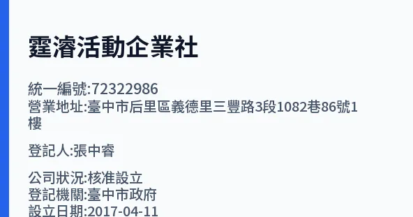 霆濬活動企業社的照片-統編 72322986(臺中市) 公司登記資料與營業項目詳細圖表