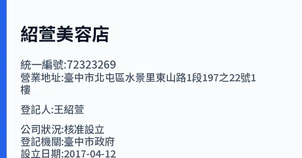 紹萱美容店的照片-統編 72323269(臺中市) 公司登記資料與營業項目詳細圖表
