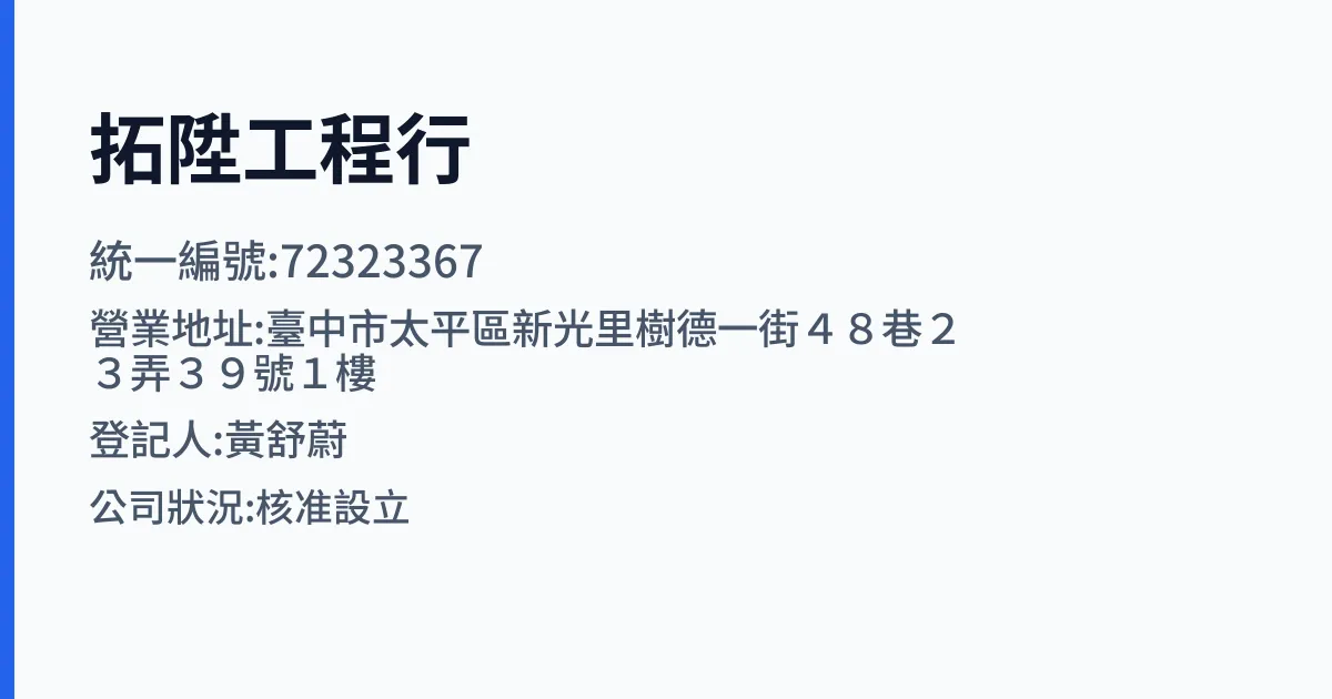 拓陞工程行 - 統編 72323367(臺中市) 公司登記資料與營業項目詳細圖表