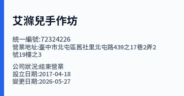 艾滌兒手作坊的照片-統編 72324226(臺中市) 公司登記資料與營業項目詳細圖表