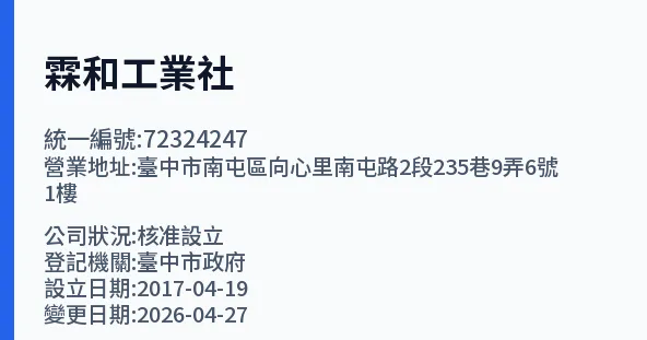 霖和工業社的照片-統編 72324247(臺中市) 公司登記資料與營業項目詳細圖表