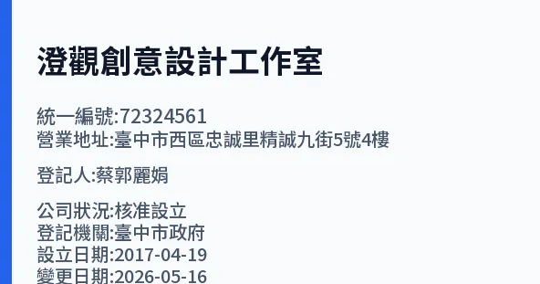 澄觀創意設計工作室的照片-統編 72324561(臺中市) 公司登記資料與營業項目詳細圖表