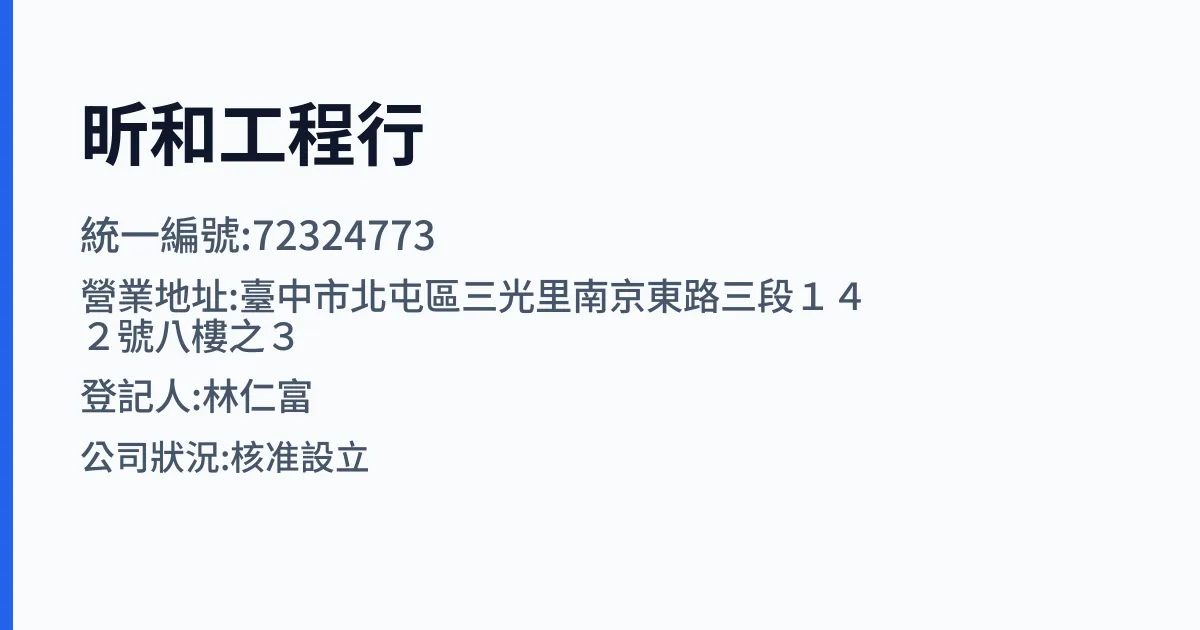 昕和工程行 - 統編 72324773(臺中市) 公司登記資料與營業項目詳細圖表