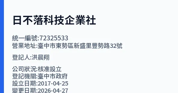 日不落科技企業社的照片-統編 72325533(臺中市) 公司登記資料與營業項目詳細圖表