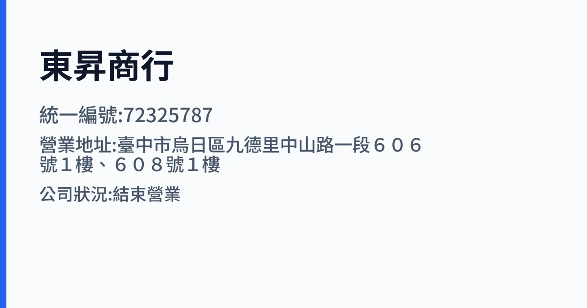 東昇商行 - 統編 72325787(臺中市) 公司登記資料與營業項目詳細圖表
