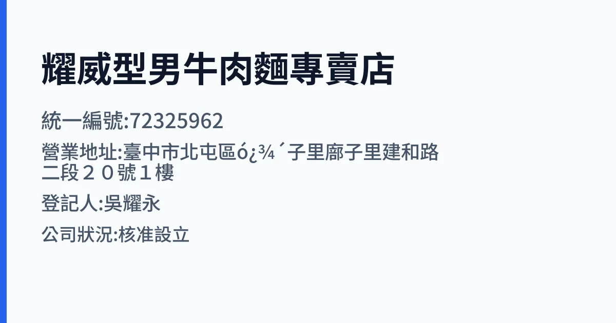 耀威型男牛肉麵專賣店 - 統編 72325962(臺中市) 公司登記資料與營業項目詳細圖表