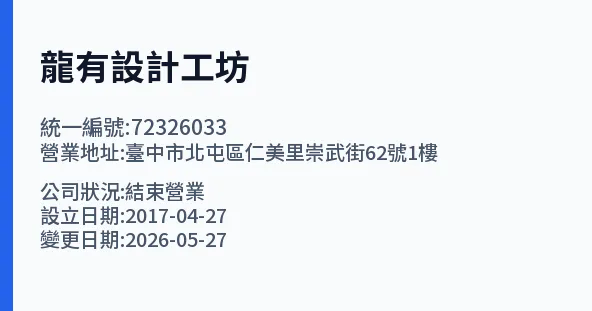 龍有設計工坊的照片-統編 72326033(臺中市) 公司登記資料與營業項目詳細圖表
