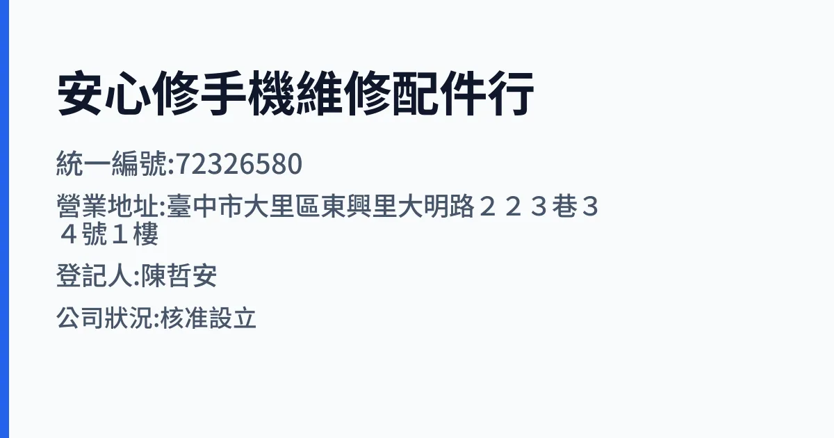 安心修手機維修配件行 - 統編 72326580(臺中市) 公司登記資料與營業項目詳細圖表