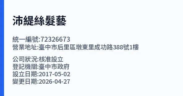 沛緹絲髮藝的照片-統編 72326673(臺中市) 公司登記資料與營業項目詳細圖表