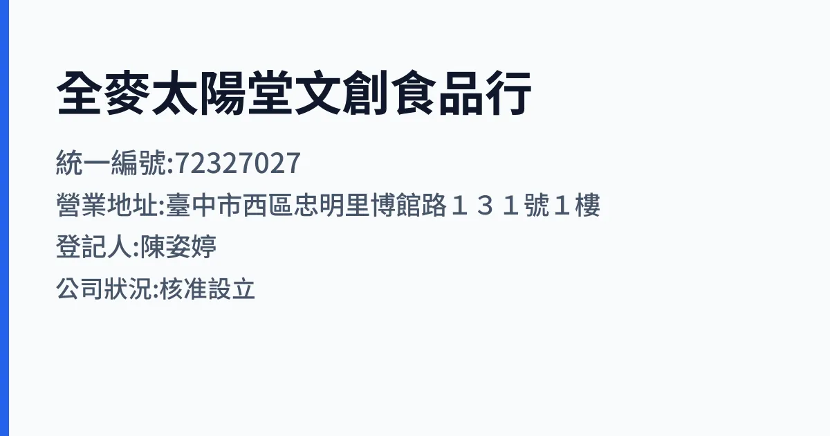 全麥太陽堂文創食品行 - 統編 72327027(臺中市) 公司登記資料與營業項目詳細圖表
