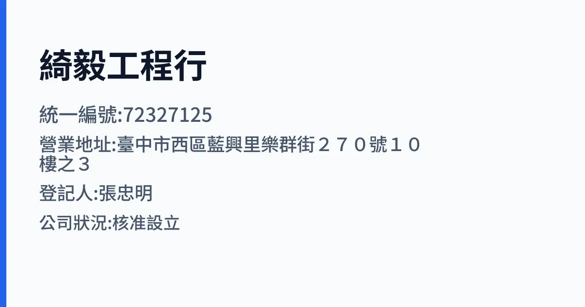 綺毅工程行 - 統編 72327125(臺中市) 公司登記資料與營業項目詳細圖表