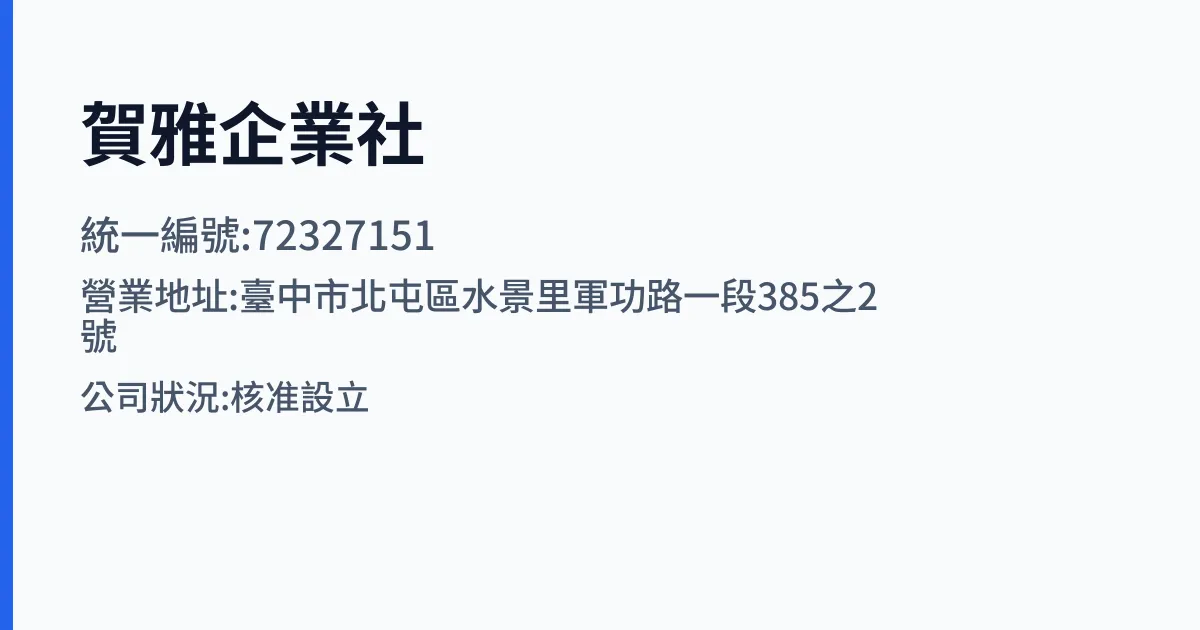 賀雅企業社 - 統編 72327151(臺中市) 公司登記資料與營業項目詳細圖表