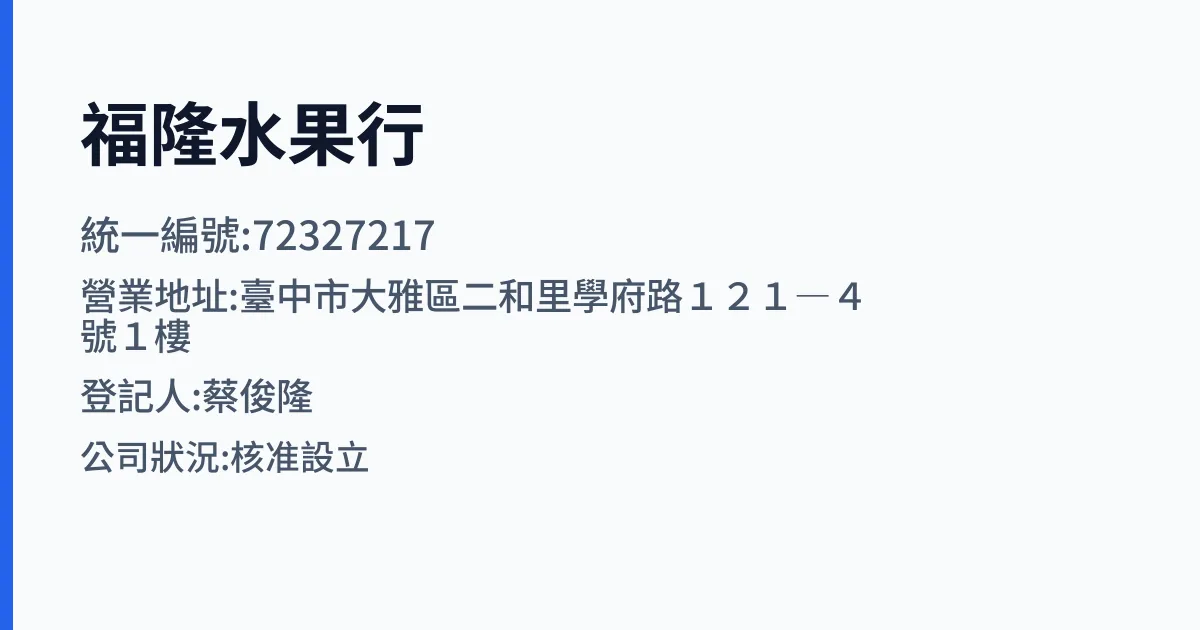 福隆水果行 - 統編 72327217(臺中市) 公司登記資料與營業項目詳細圖表