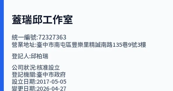 蓋瑞邱工作室的照片-統編 72327363(臺中市) 公司登記資料與營業項目詳細圖表