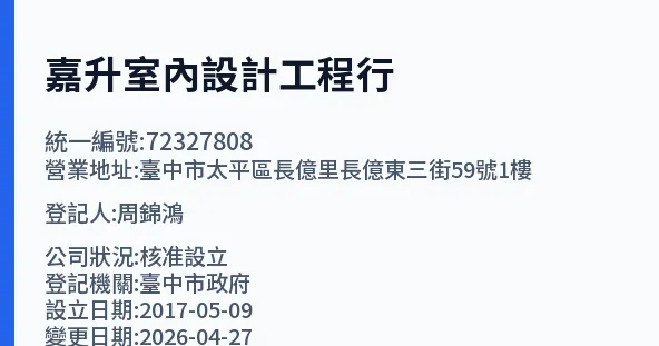 嘉升室內設計工程行的照片-統編 72327808(臺中市) 公司登記資料與營業項目詳細圖表
